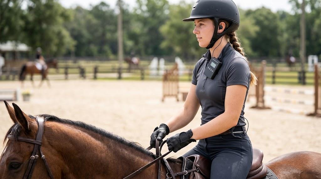 Rider wearing a hands-free receiver while both hands remain on the reins