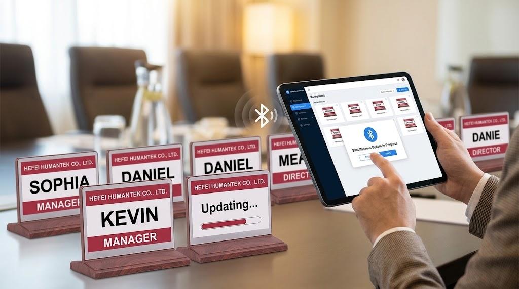 Staff batch-updating e-paper table signs over Bluetooth before an event