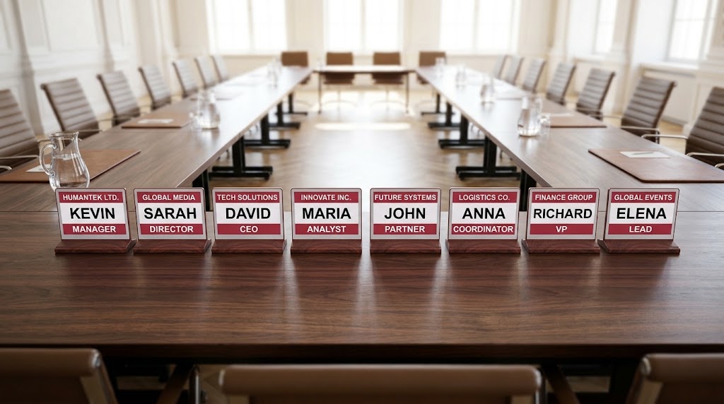 E-paper table signs deployed across a large conference hall