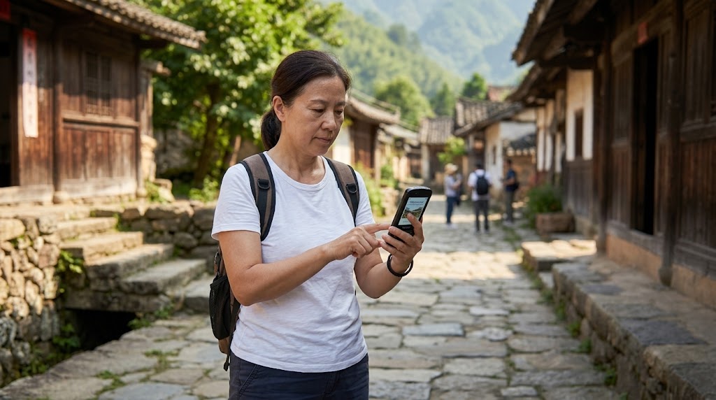 Self-guided device providing local cultural commentary at a village heritage site