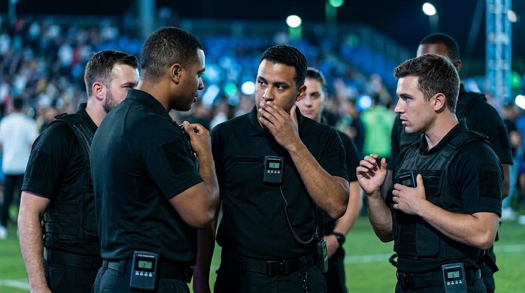 Event staff using a bi-directional team intercom to coordinate in real time