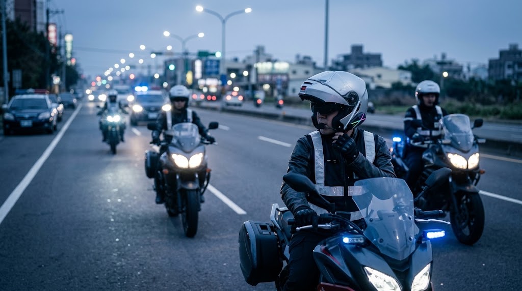 Motorcycle escort team staying in contact using helmet intercom over a moving route