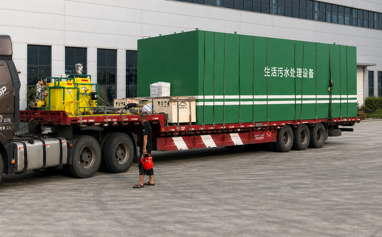 Packaged domestic sewage treatment unit loaded with auxiliary components