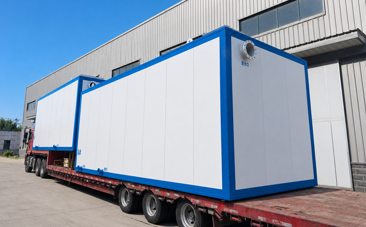 Outdoor packaged treatment unit showing protected panels and connection points