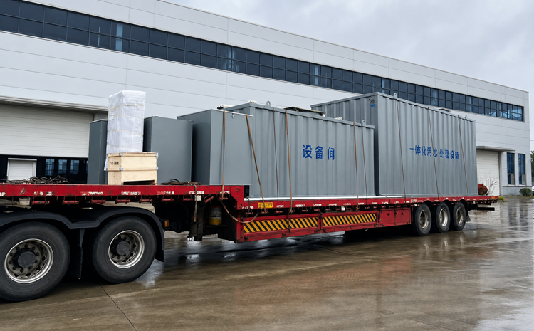 Packaged wastewater treatment equipment ready for transport