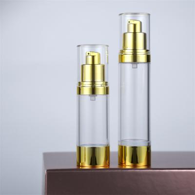China AS Airless Bottle Lotion Cosmetic Skin Care Packaging Pump Bottle Custom 15ml 30ml 50ml Cartons Gold Cosmetic Mini Bottles AS/PP for sale