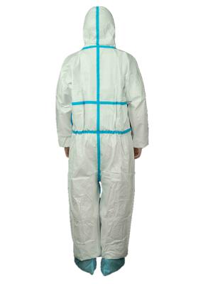 China CAT.III Type 4/5/6 Disposable Coverall With Blue Tape Anti Static MP Chemical Clothing for sale