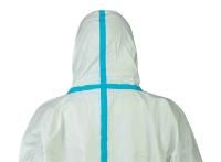 China Category III Type4/5/6 Disposable MP Waterproof Coverall With 2-Pieces Hood And Blue Tape for sale