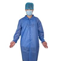 China Hospital Use Dark Blue Medical Long Lab Coat With Snaps Closure And Shirt Collar for sale