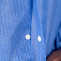 China Hospital Use Dark Blue Medical Long Lab Coat With Snaps Closure And Shirt Collar for sale
