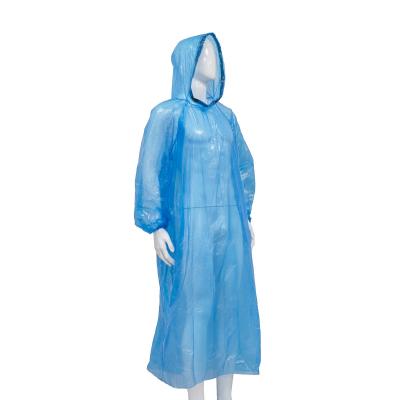 China Camping Hiking Mountaineering Blue White PE Disposable Waterproof Raincoat With Hood for sale