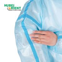 China Blue/White Waterproof Disposable PP PE Medical Isolation Gown With Blue Tape for sale