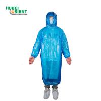 China Blue/White Elastic Cuffs Hooded PE Plastic Disposable Raincoat Waterproof for sale