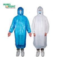 China Blue/White Elastic Cuffs Hooded PE Plastic Disposable Raincoat Waterproof for sale