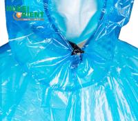 China Blue/White Elastic Cuffs Hooded PE Plastic Disposable Raincoat Waterproof for sale