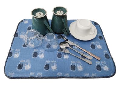 China 38x50cm Quick Dry  Blue Printed Microfiber Dish Drying Mat For Kitchen for sale