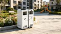 China Sensor Lid Solar Powered Trash Compactor Customizable Smart Waste Bin Double Bin for sale