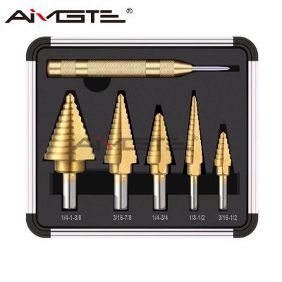 China 5PCS HSS Titanium Coated Step Drill Bits High-Speed Steel Drilling Set Automatic Center Punch Multiple Sizes for Metal and Wood for sale