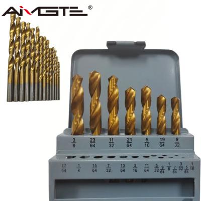 China 29pcs HSS Drill Bit Set Construction Concrete Drilling Inch Metric Sizes 5mm Diameter Fully Ground Enclosed Metal Box Coating for sale