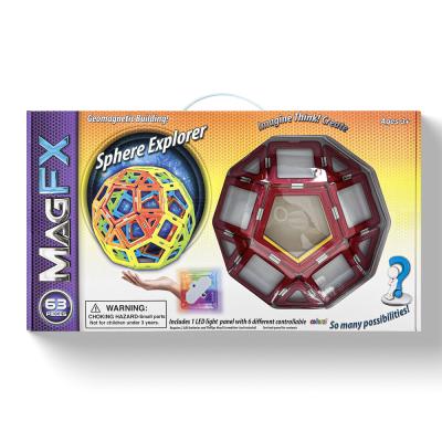 China 63-Piece Geometric Magnetic Building Tiles Set with 3 Shapes, 5 Colors and LED Window for STEM Education for sale