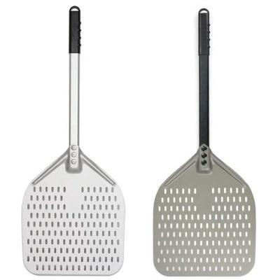 China 66cm Hard Anodized Aluminum Pizza Shovel 12 Inch Perforated Pizza Peel Silver for sale