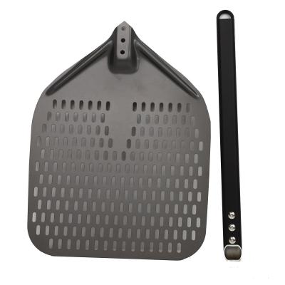 China 12 Inch Aluminum Pizza Turning Peel Black Hard Anodized Perforated Detachable Pizza Shovel for sale