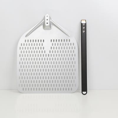 China 12 Inch Aluminum Pizza Turning Peel Shovel Black Hard Anodized Perforated Detachable Handle for sale