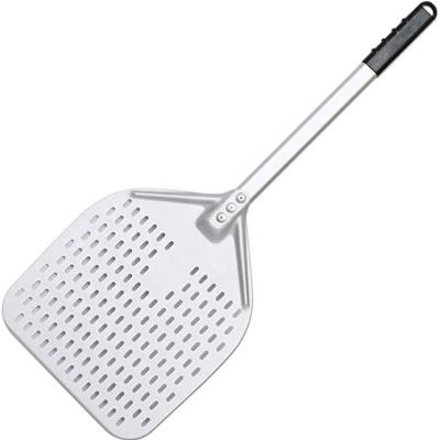 China 66cm Hard Anodized Aluminum Pizza Shovel 12 Inch Silver Perforated Pizza Peel for sale