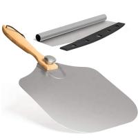 China 12x14 Inch Aluminum Pizza Peel with Wooden Handle and 14 Inch Stainless Steel Cutter Set for sale