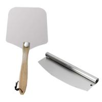 China 12x14 Inch Aluminum Pizza Peel with Wooden Handle and 14 Inch Stainless Steel Cutter Set for sale