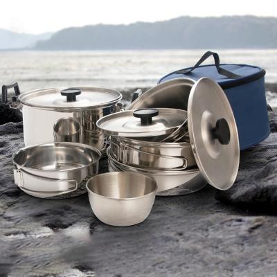 China High Quality 304 Stainless Steel Outdoor Cooking Pot Set Camping Cookware Set With Storage Bag for sale