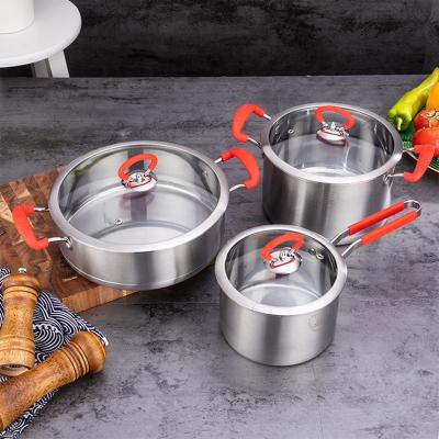 China Best Sale 430 Stainless Steel Cooking Soup Pot Set Saucepan Cookware Set With Silicone Handle for sale