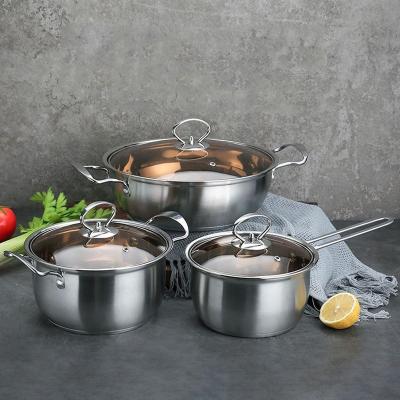 China Amazon Top Seller Multipurpose 6Pcs Flat Bottom Milk Soup Pot Stainless Steel Cookware Sets With Glass Lid for sale