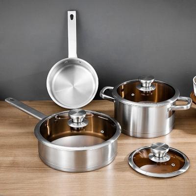 China Amazon Top Seller Kitchen Cookware 6 Pcs Glass Cover  430 Stainless Steel Cookware Sets With Handle for sale