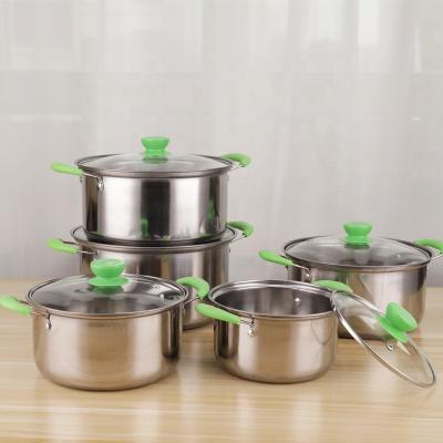 China Quality Stainless Steel 5pcs Cookware Set Soup Pot for Cooking with Green Handle for sale
