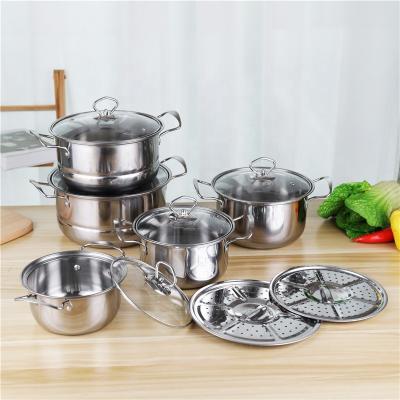 China Glass Lid Stainless Steel 410 Cookware Set 12pcs Steamer Food Cooking Soup Pot for sale