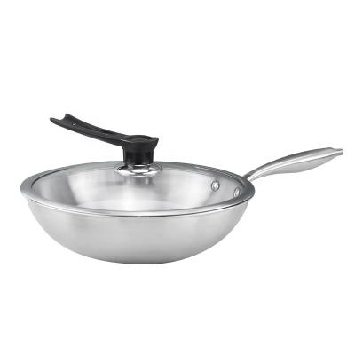 China Customized Kitchen 18/8 Stainless Steel Wok Tri-ply Non-stick Frying Pan Honeycomb Wok With Glass Lid for sale