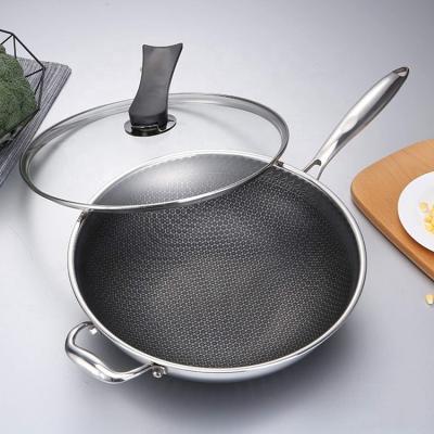 China Custom OEM/ODM Kitchen Honeycomb Frying Pan 18/8 Stainless Steel Frypan Non Stick Cooking Pan With Glass Lid for sale