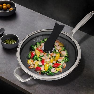 China Factory Wholesale PFOA Free Non Stick Works 18/8 Stainless Steel Wok Pan with Glass Cover for sale