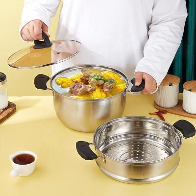 China Factory Wholesale Two Layers Stainless Steel Saucepot Food Steamer Pots Circle Soup Pot With Glass Lid for sale