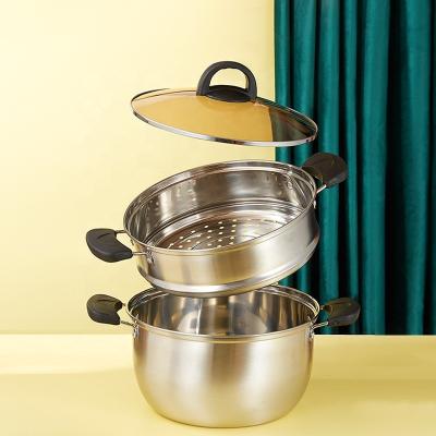 China Factory Price Silver Two Layers Stainless Steel Saucepot Food Steamer Pots Soup Pot With Glass Lid for sale