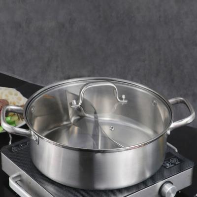 China High Quality 18/8 Stainless Steel Pot Weldless Hot Pot Two-flavor Soup Pot Induction Cookware With Glass Lid for sale