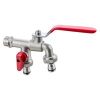 China Double Head Water Hose Connector Dual Valve Brass Garden 2 Outlet Bibcock Water Tap for sale