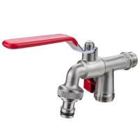 China Double Head Water Hose Connector Dual Valve Brass Garden 2 Outlet Bibcock Water Tap for sale