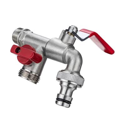 China BSP Thread Outdoor Garden Hose Tap Red Iron Handle Brass 3 Way Bibcock With Double Outlets for sale
