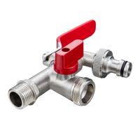 China BSP Thread Outdoor Garden Hose Tap Red Iron Handle Brass 3 Way Bibcock With Double Outlets for sale