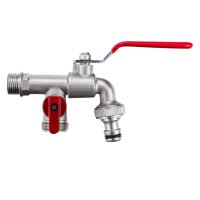 China BSP Thread Outdoor Garden Hose Tap Red Iron Handle Brass 3 Way Bibcock With Double Outlets for sale