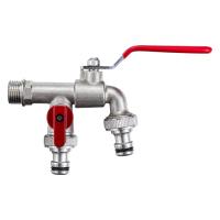 China BSP Thread Outdoor Garden Hose Tap Red Iron Handle Brass 3 Way Bibcock With Double Outlets for sale