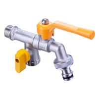 China Three Way One In Two Out Double Head Yellow Single Handle Brass Garden Water Tap Bibcock for sale