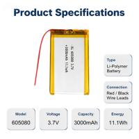 China 3.7V 3000mAh 605080 Rechargeable Soft Pack Li-po Battery Safe Stable Discharge for Portable Instrument Smart Home Devices for sale